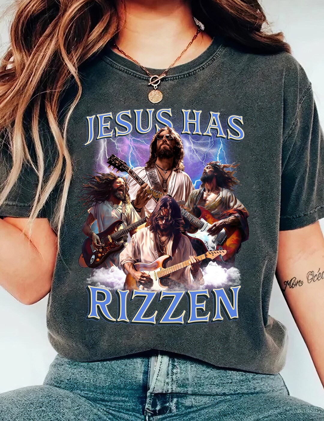 Jesus Has Rizzen Rock Star Shirt Design, He is Rizzen Png, Jesus Plays ...