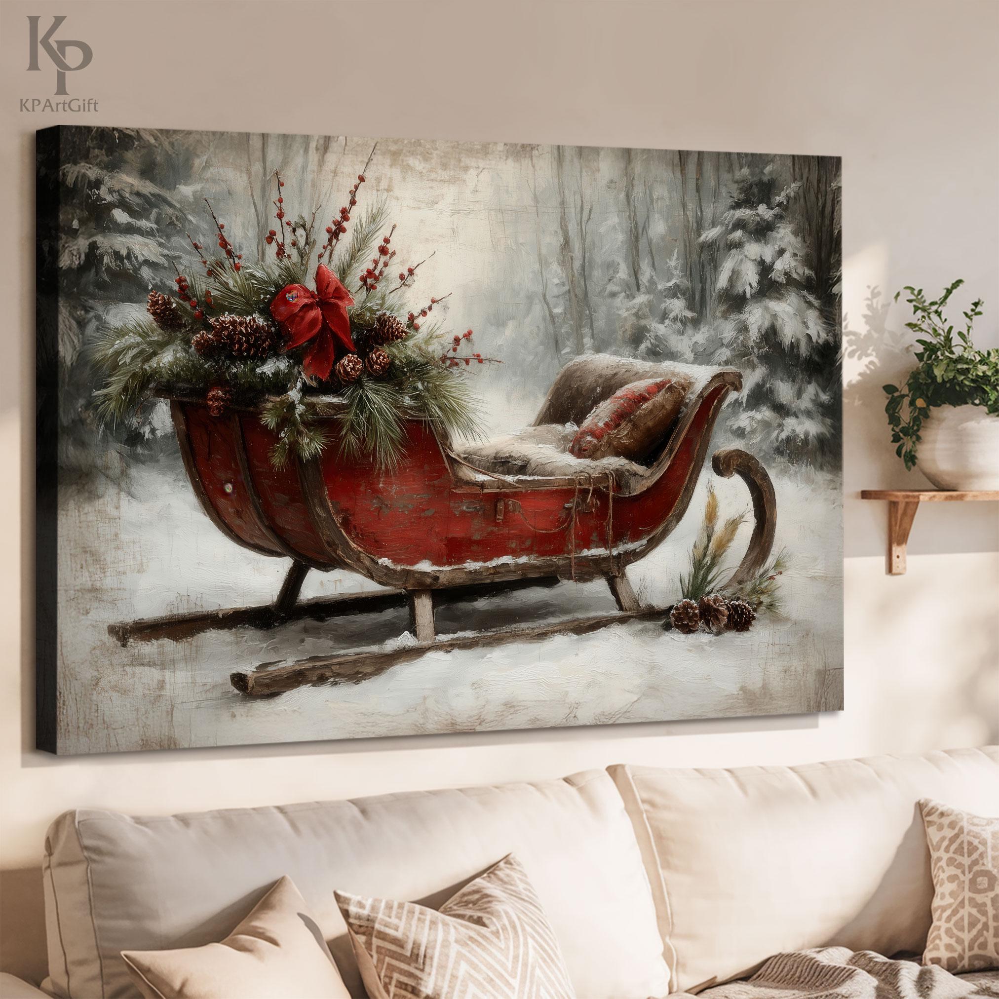 Rustic Red Sleigh in Snow Canvas Wall Art, Vintage Winter Scene ...