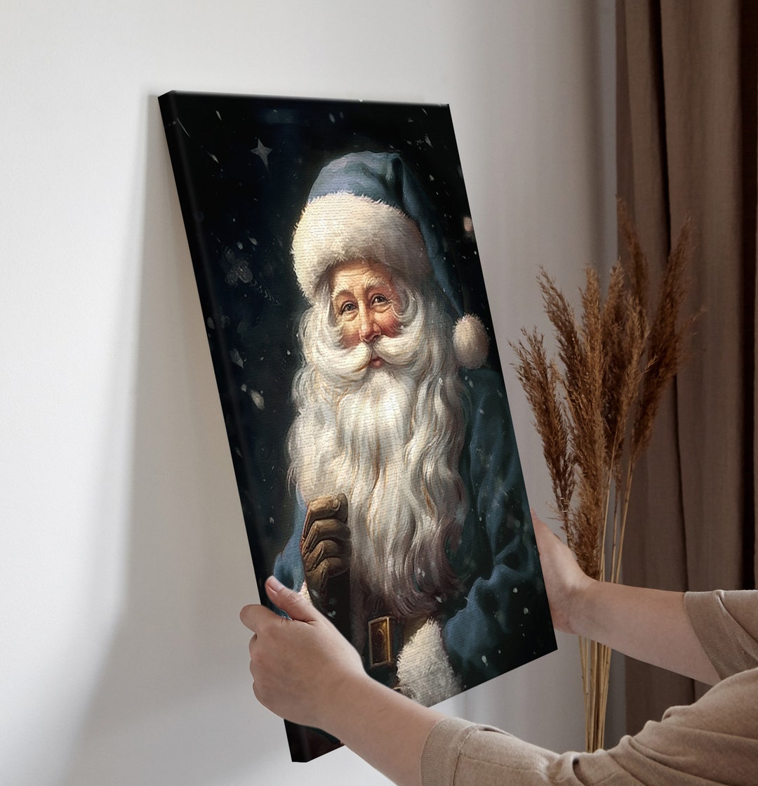 Blue Santa CANVAS, Santa Portrait Art, Santa Art Painting, Christmas Art Decor, Santa Claus Art ...