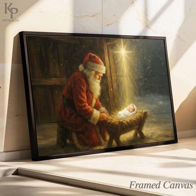 Christian Christmas Canvas, Santa Kneeling Before Baby Jesus in Manger ...