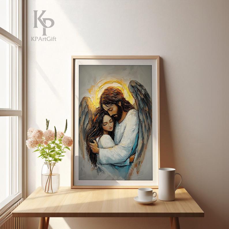 Jesus Embracing Woman Digital Wall Art, Christian Download, Angel Wings ...