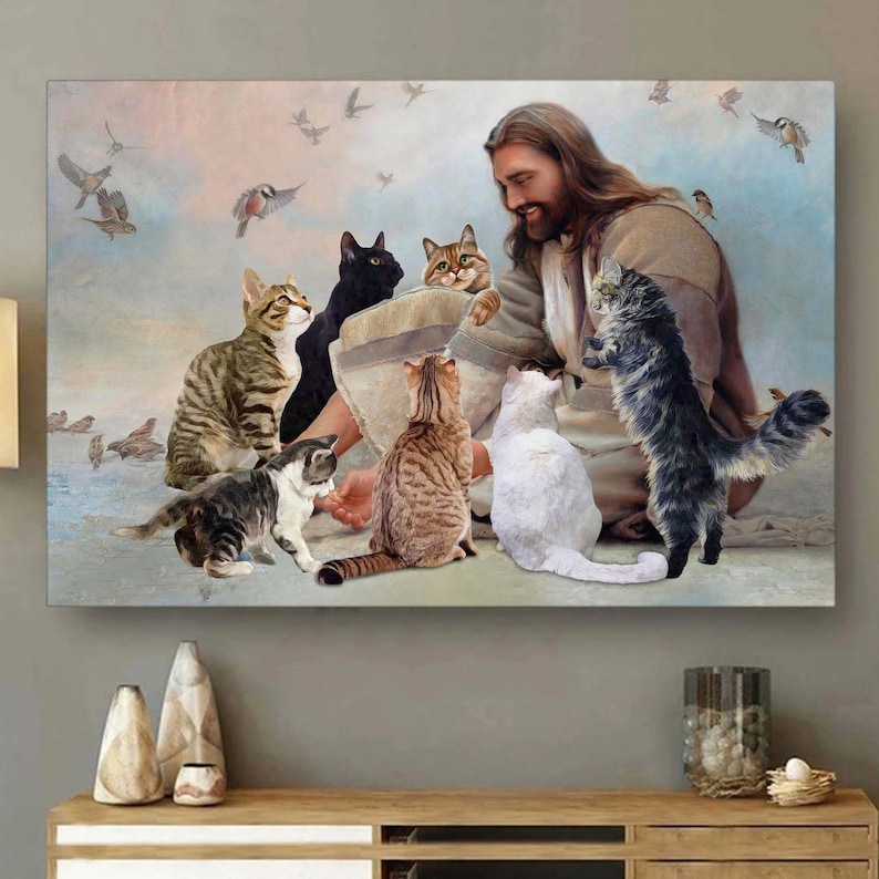Jesus With Cats Canvas, Cat Lovers, Canvas for Cat Lovers - Etsy