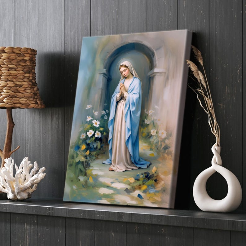 Virgin Mary Praying Spiritual Catholic Canvas, Mother Mary Blue Robe ...