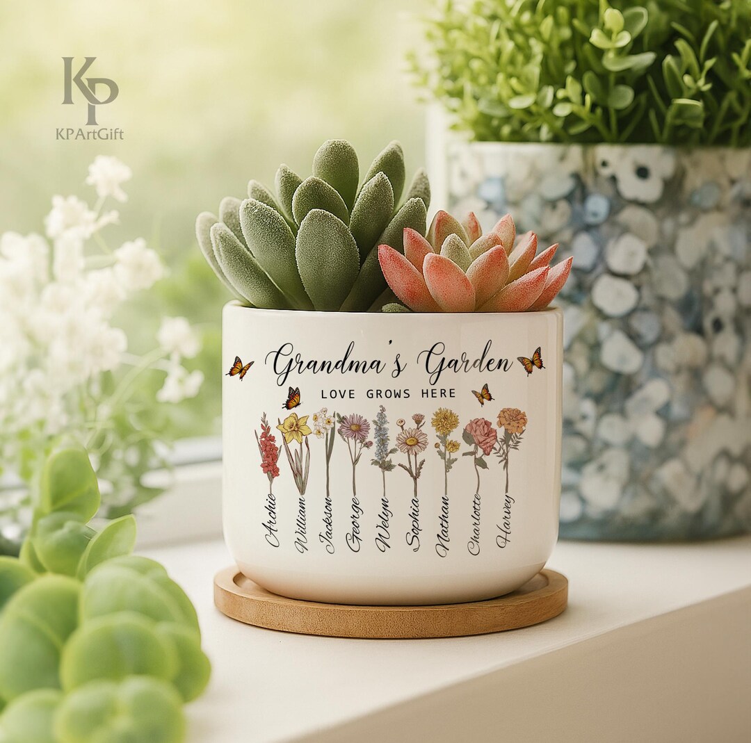 Custom Birth Flower Ceramic Planter Butterfly With Grandkids Names ...