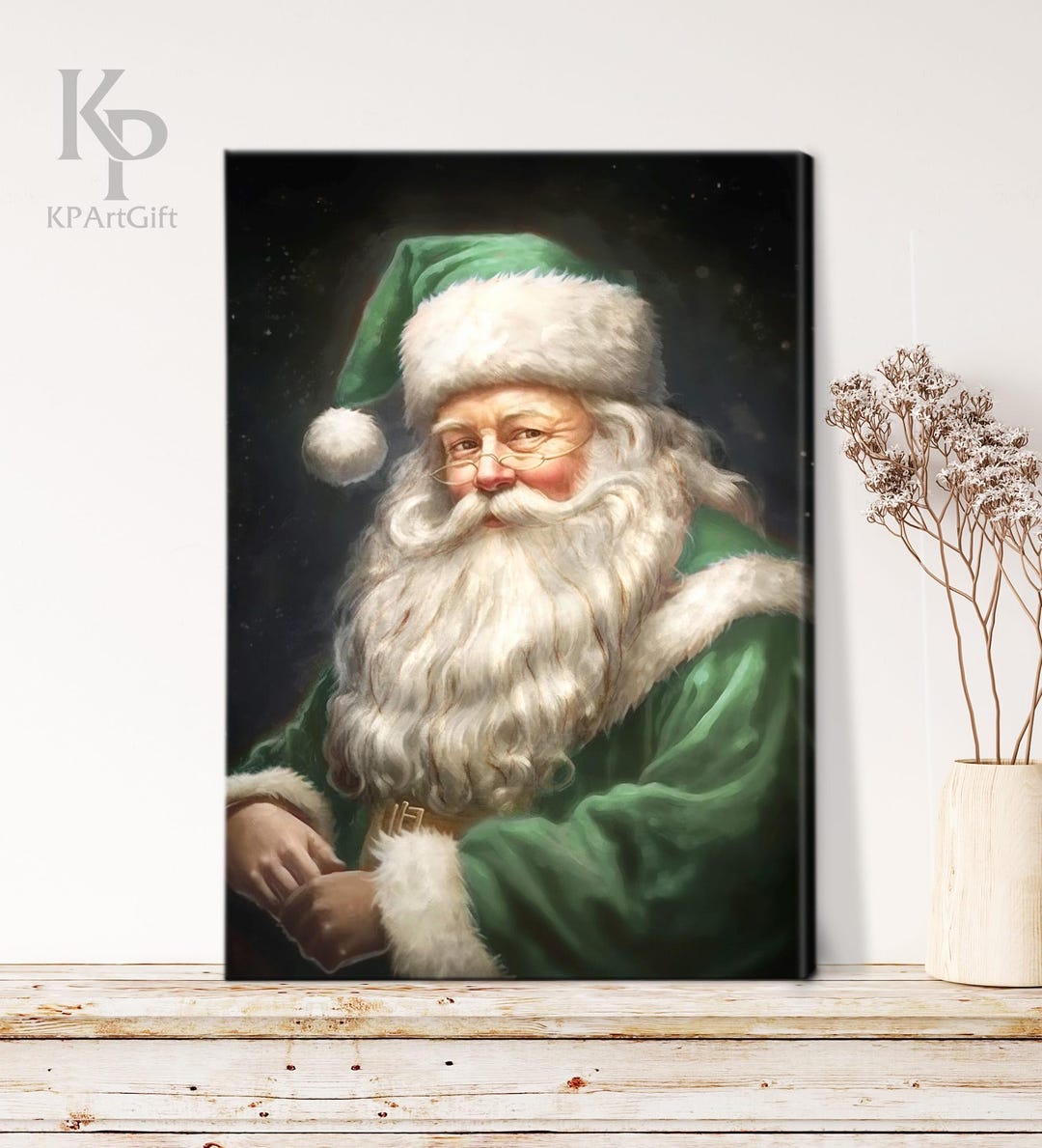 Green Santa Claus Vintage Oil Painting Canvas, Classic Christmas Art ...