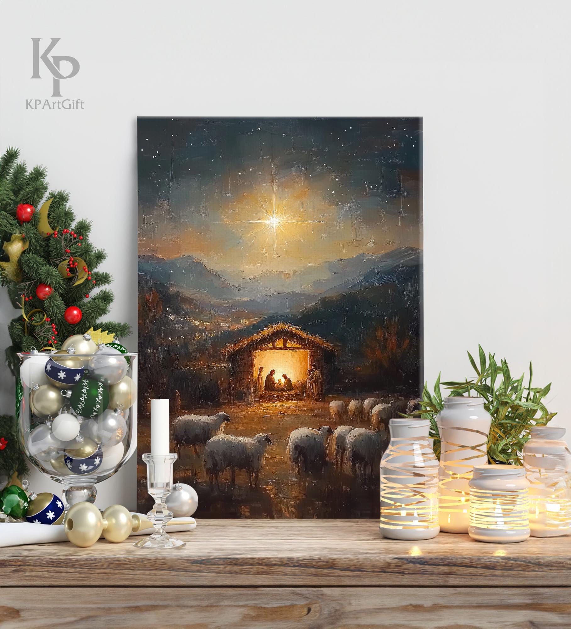Nativity Scene Christmas Canvas Art, Festive Winter Painting, Holiday ...