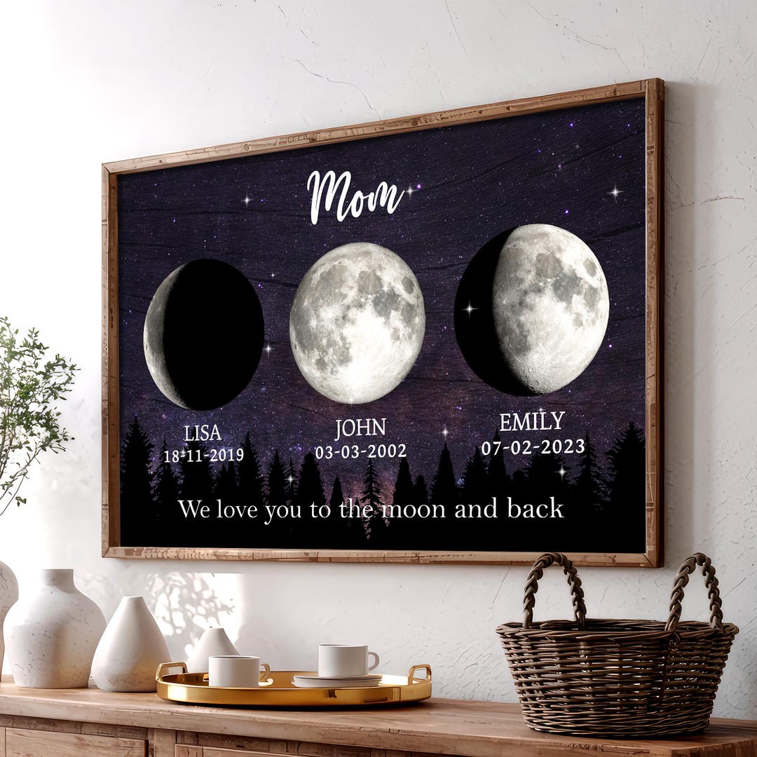 Mothers Day Moon Canvas, Custom Starry Night Moon Birth Art, Moon Phase ...