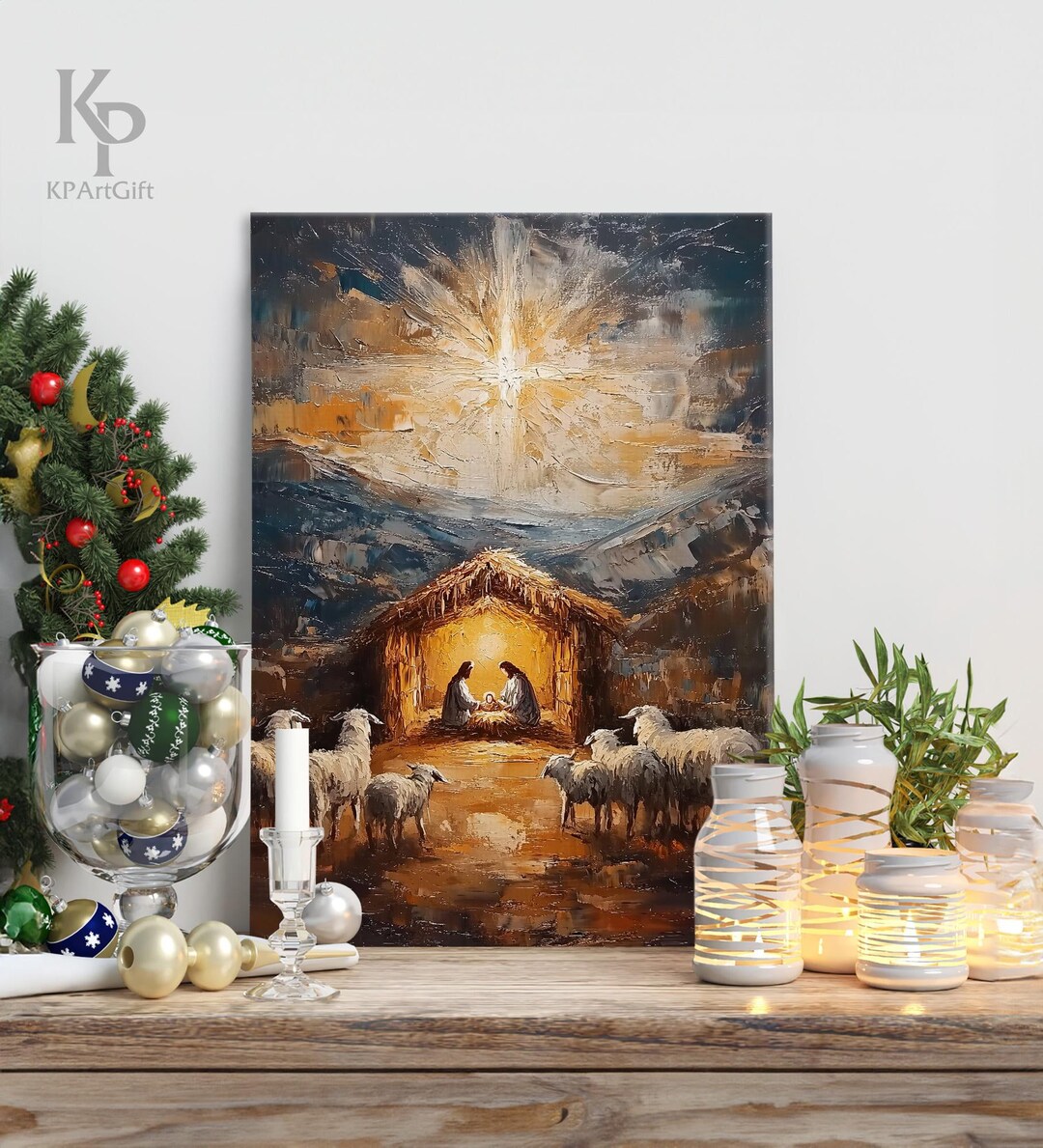 Nativity Scene Christmas Canvas Wall Art, Festive Winter Oil Painting ...