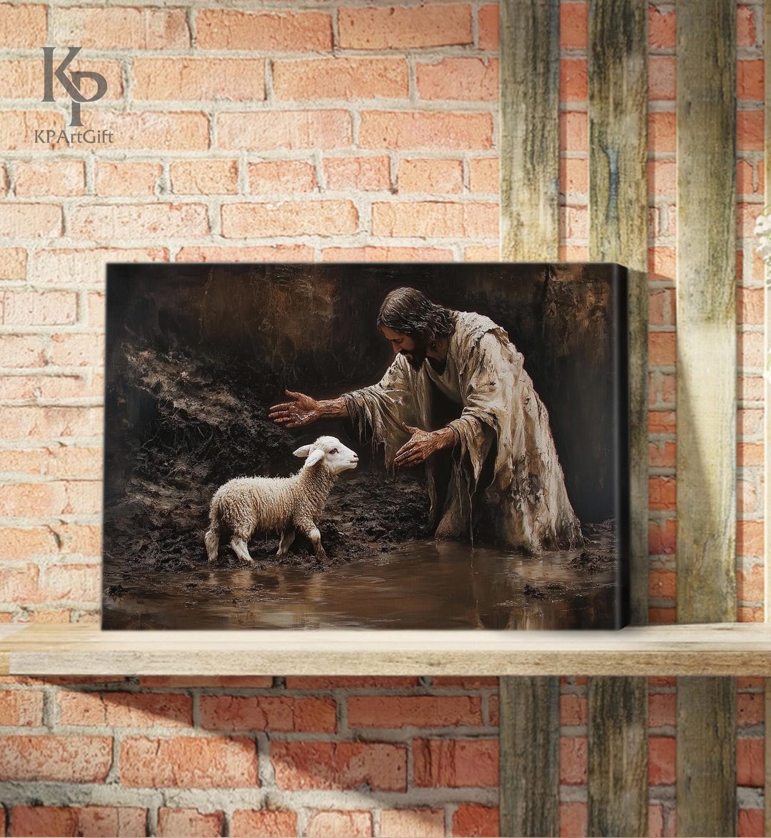 Jesus Rescuing Lost Lamb Canvas, Spiritual Christian Art, Compassionate ...