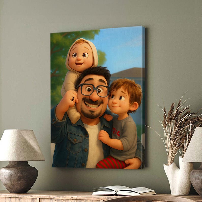Custom Pixar Style Cartoon Portrait Dad Kids Pixar Canvas