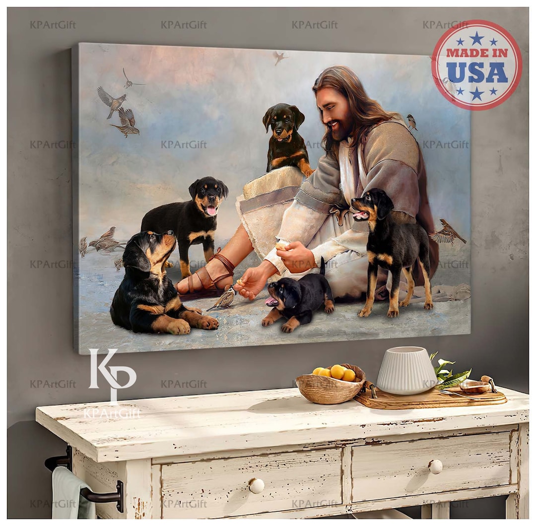 God With Rottweiler Canvas, Jesus With Rottweiler, Rottweiler Dog ...