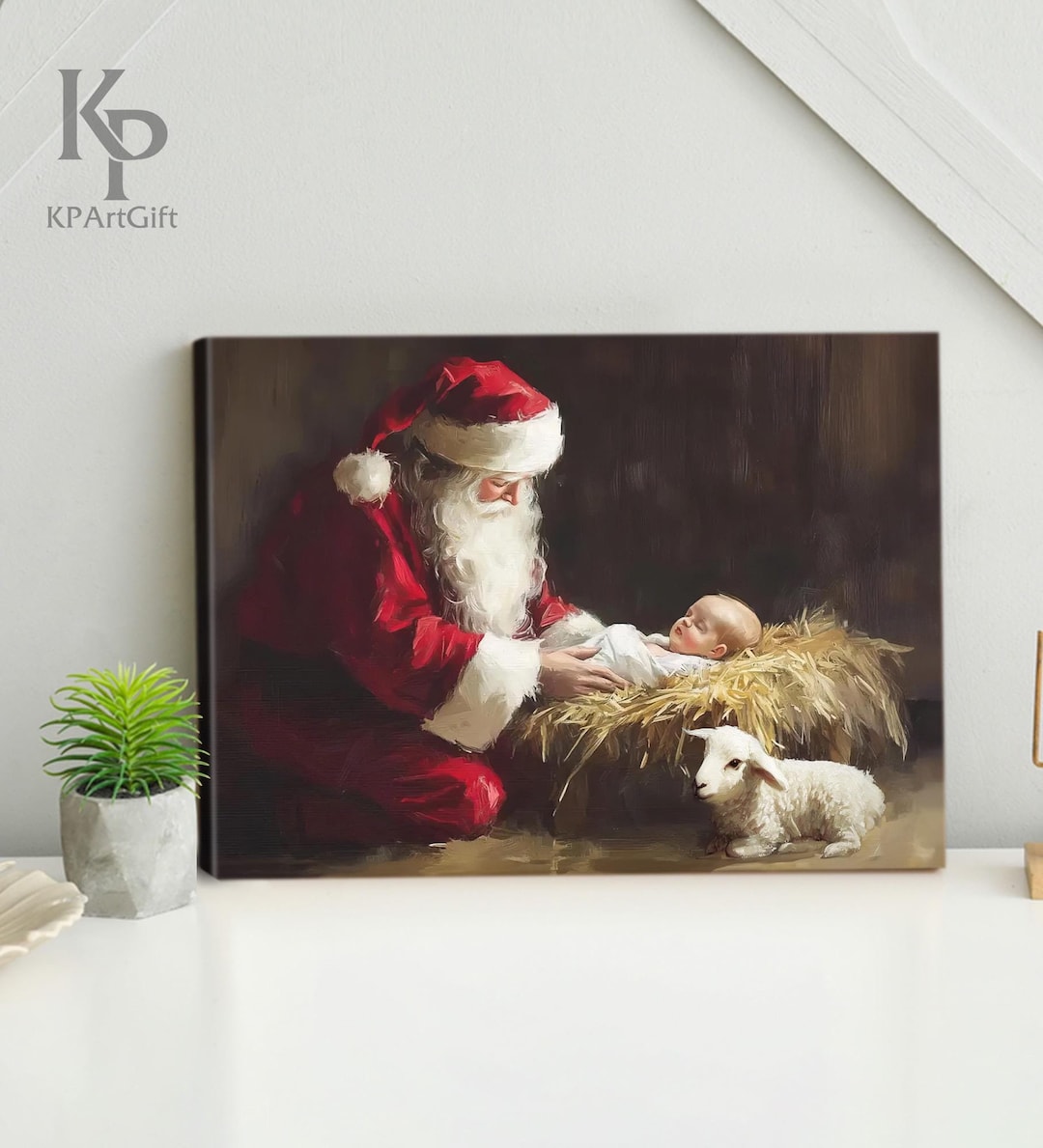 Santa and Baby Jesus Canvas, Christmas Nativity Wall Art, Santa ...