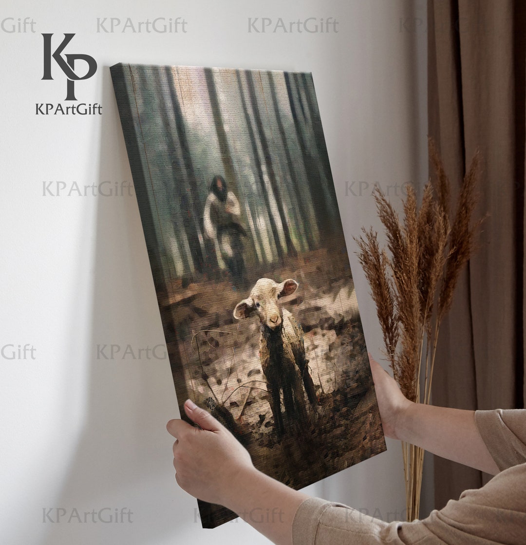 Shepherd Rescuing the Muddy Lamb Canvas, One Sheep Story Print, Faith ...