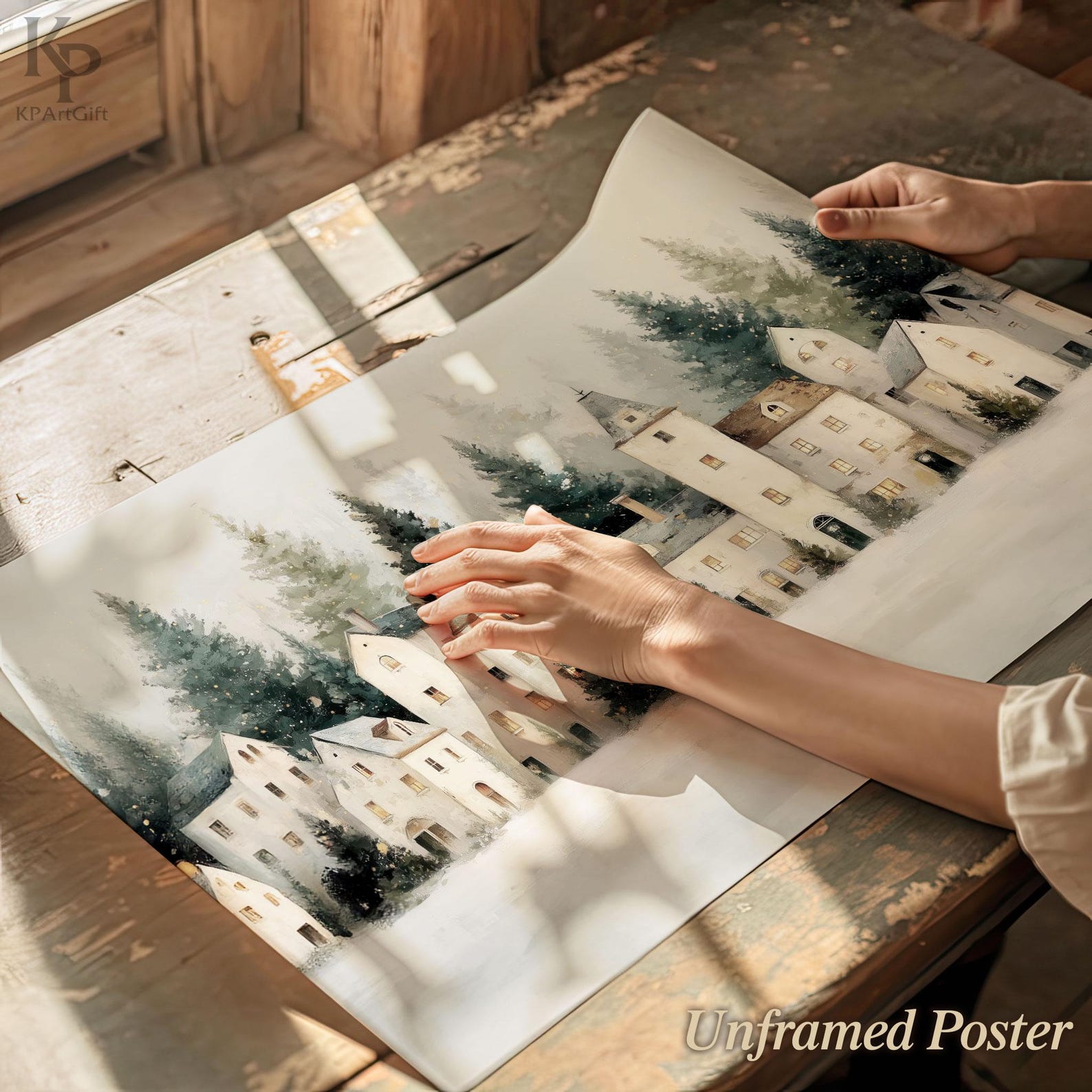 Winter Village Landscape Canvas, Cozy Snowy Town, Rustic Christmas Xmas ...
