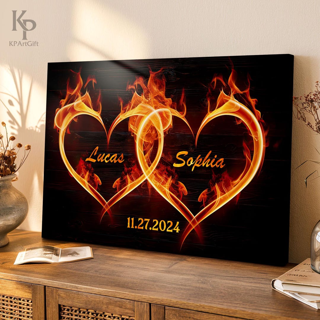 Flaming Heart Couple Canvas, Personalized Names and Date, Romantic Fire ...