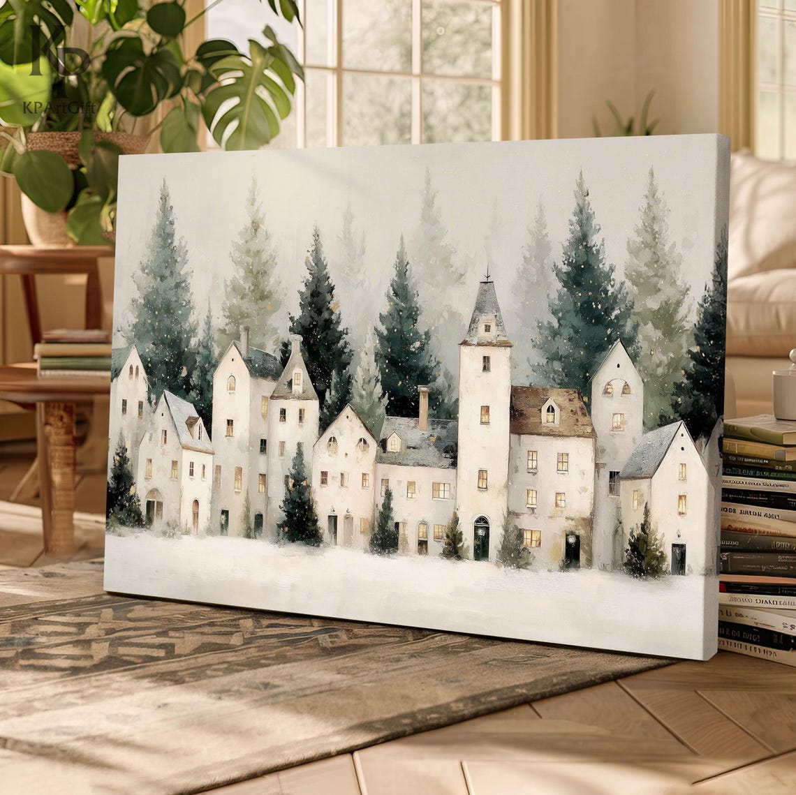 Winter Village Landscape Canvas, Cozy Snowy Town, Rustic Christmas Xmas ...