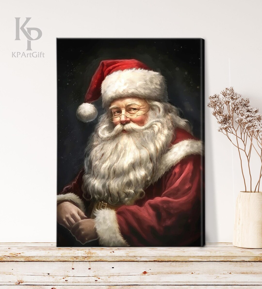 Vintage Red Santa Oil Painting Canvas, Classic Holiday Art, Christmas ...