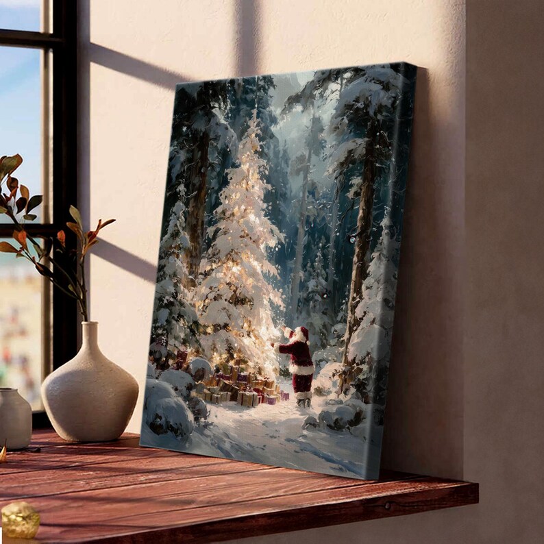 Christmas Santa Decorating Tree in Snowy Forest Canvas, Vintage ...