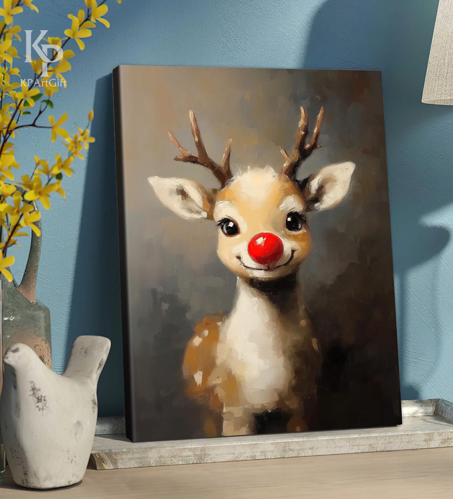 Rudolph Reindeer Oil Painting Canvas Poster, Whimsical Christmas Decor ...