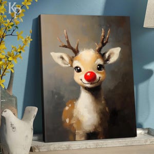 Rudolph Reindeer Oil Painting Canvas Poster, Whimsical Christmas Decor ...