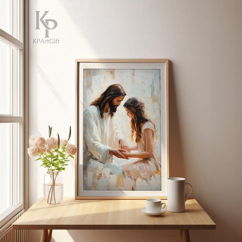 Jesus and Woman Holding Hands, Comfort in Him, Modern Christian Art ...