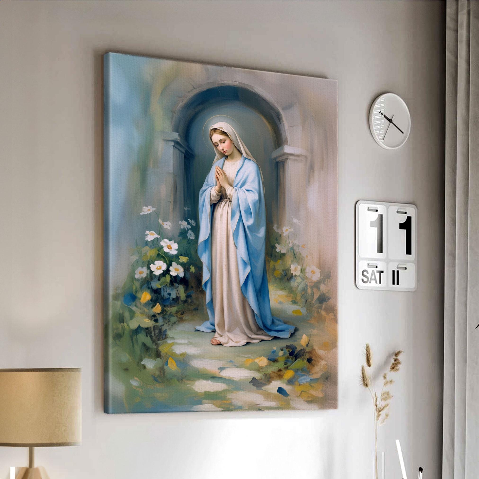 Virgin Mary Praying Spiritual Catholic Canvas, Mother Mary Blue Robe ...