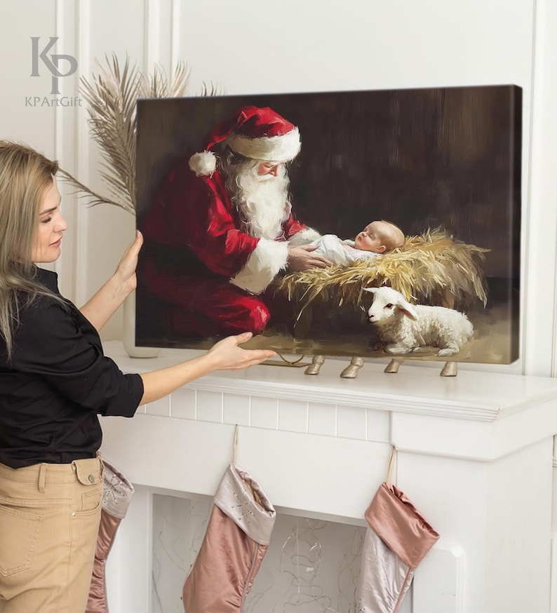 Santa and Baby Jesus Canvas, Christmas Nativity Wall Art, Santa ...