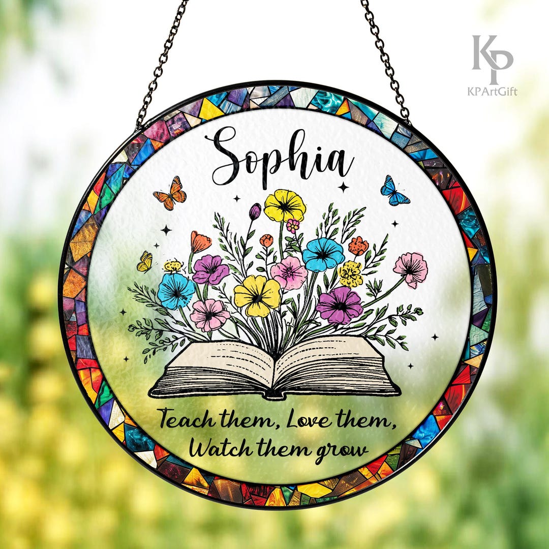 Custom Floral Book Suncatcher, Personalized Name Teacher Gift, Stained ...