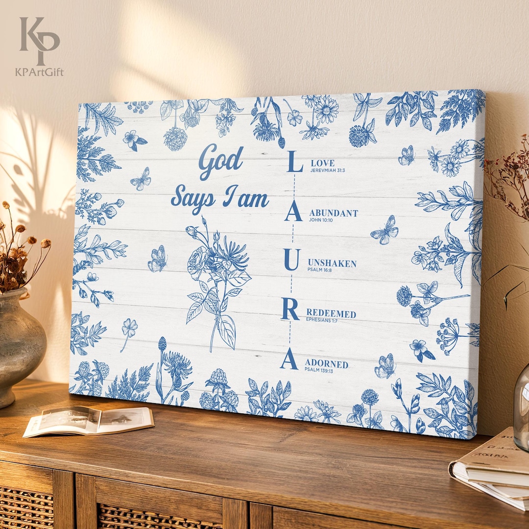 God Says I Am LAURA Christian Canvas, Custom Christian Name Jewelry ...