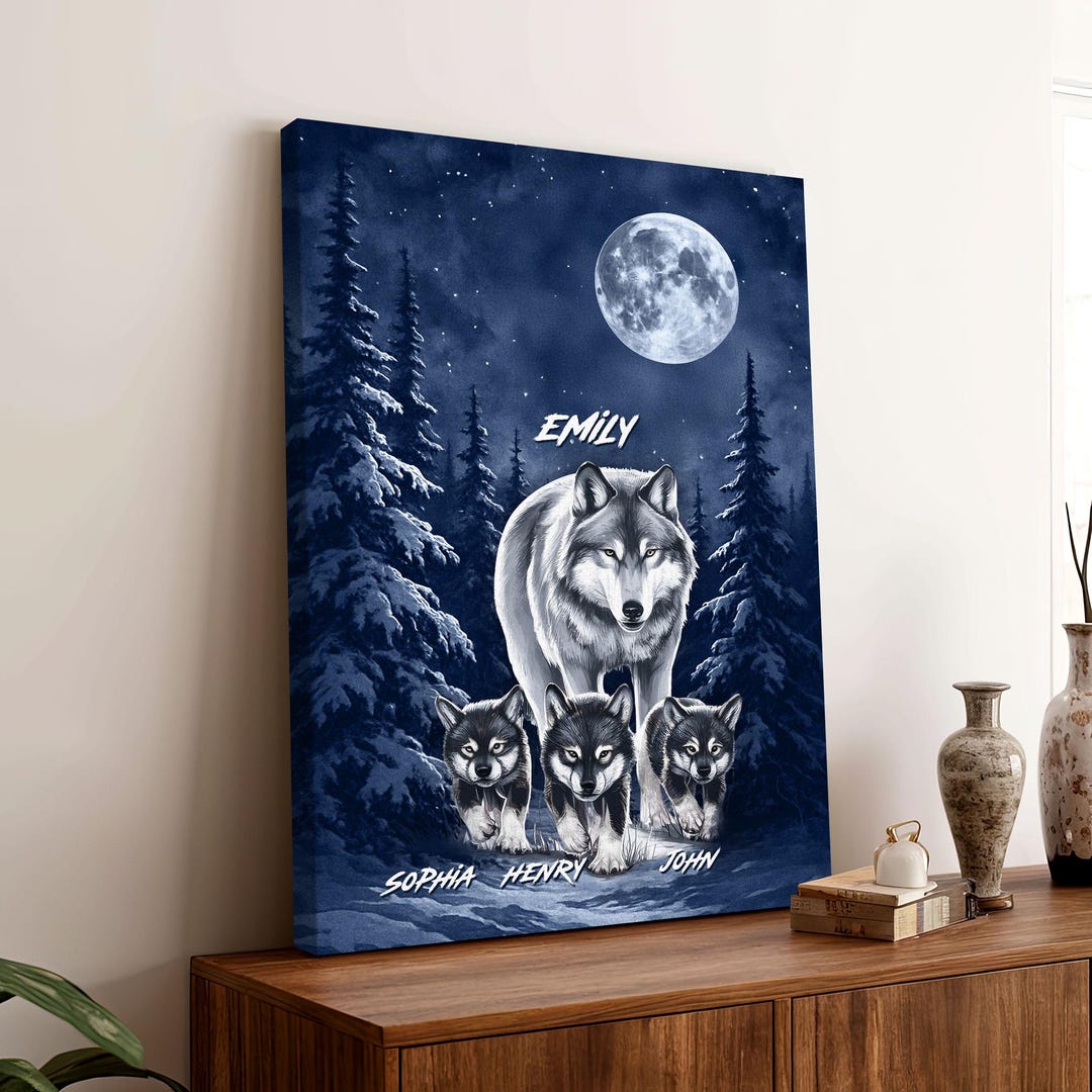 Personalized Wolf Family Canvas, Custom Name Wolf Pack Poster, Animal ...