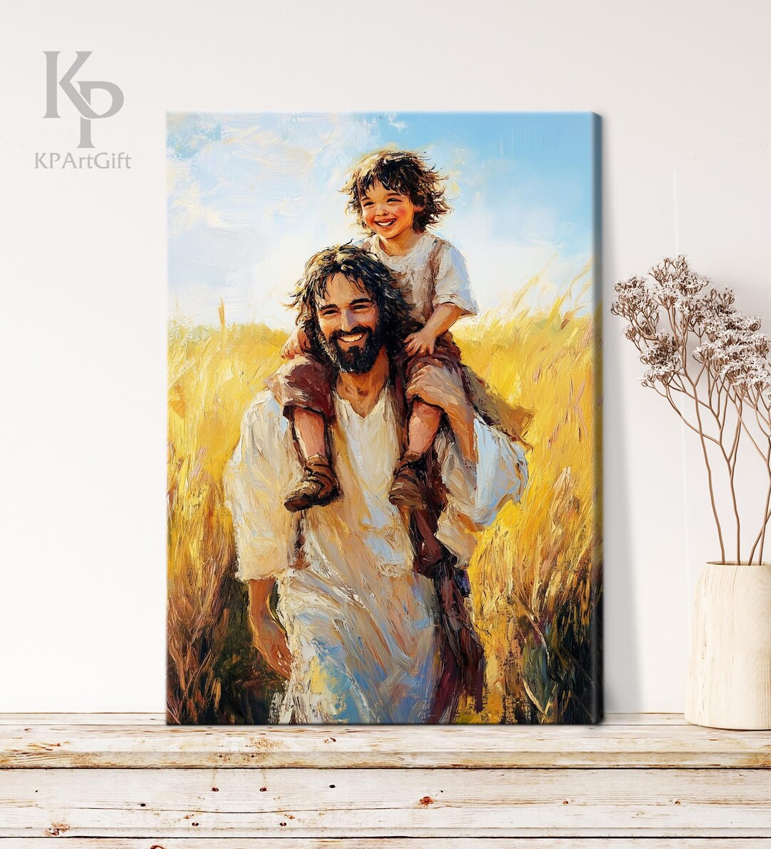 Jesus With Child on Shoulders Canvas, Joyful Christian Art, Jesus and ...
