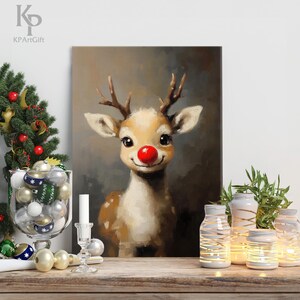 Rudolph Reindeer Oil Painting Canvas Poster, Whimsical Christmas Decor ...