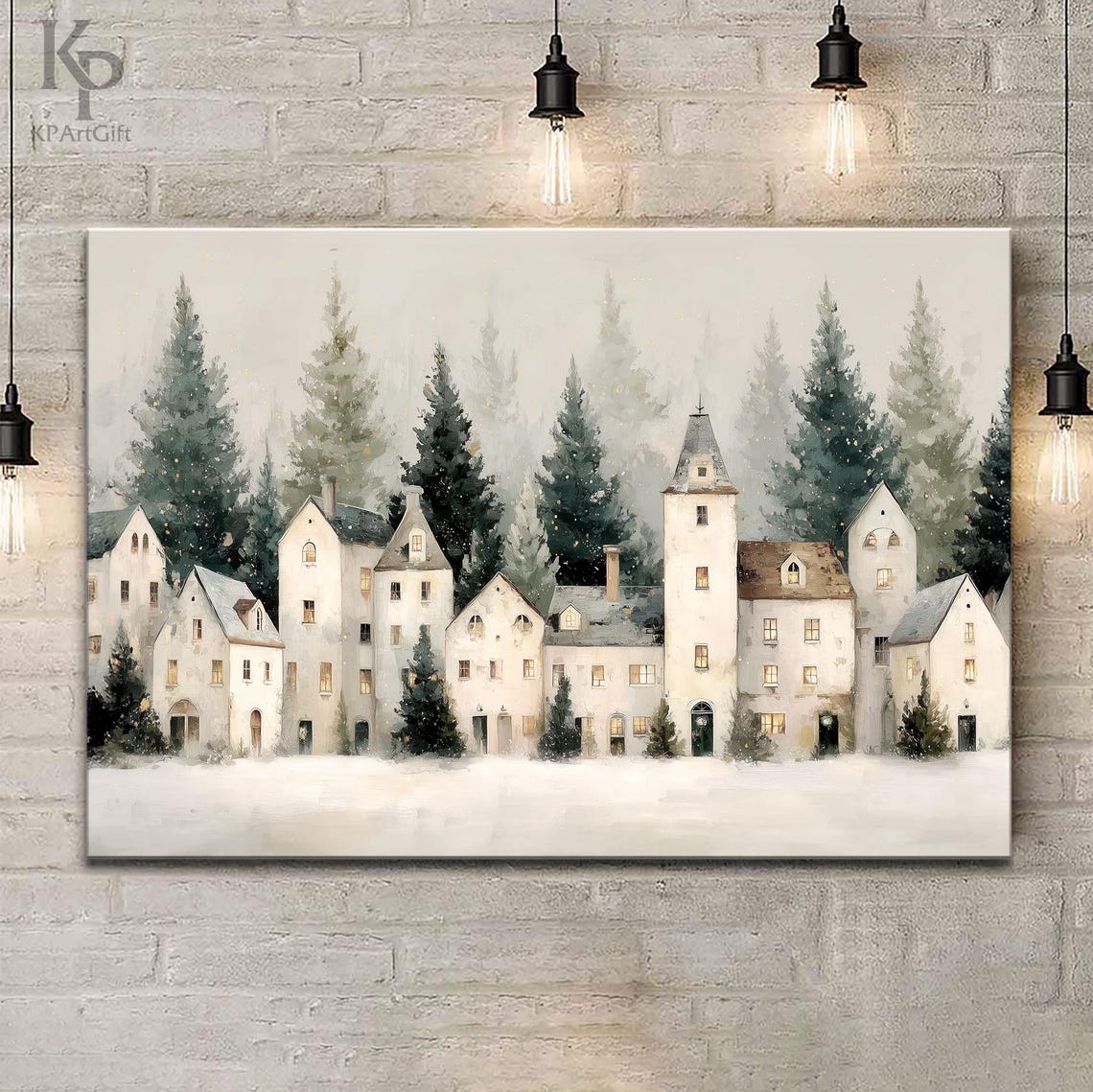 Winter Village Landscape Canvas, Cozy Snowy Town, Rustic Christmas Xmas ...