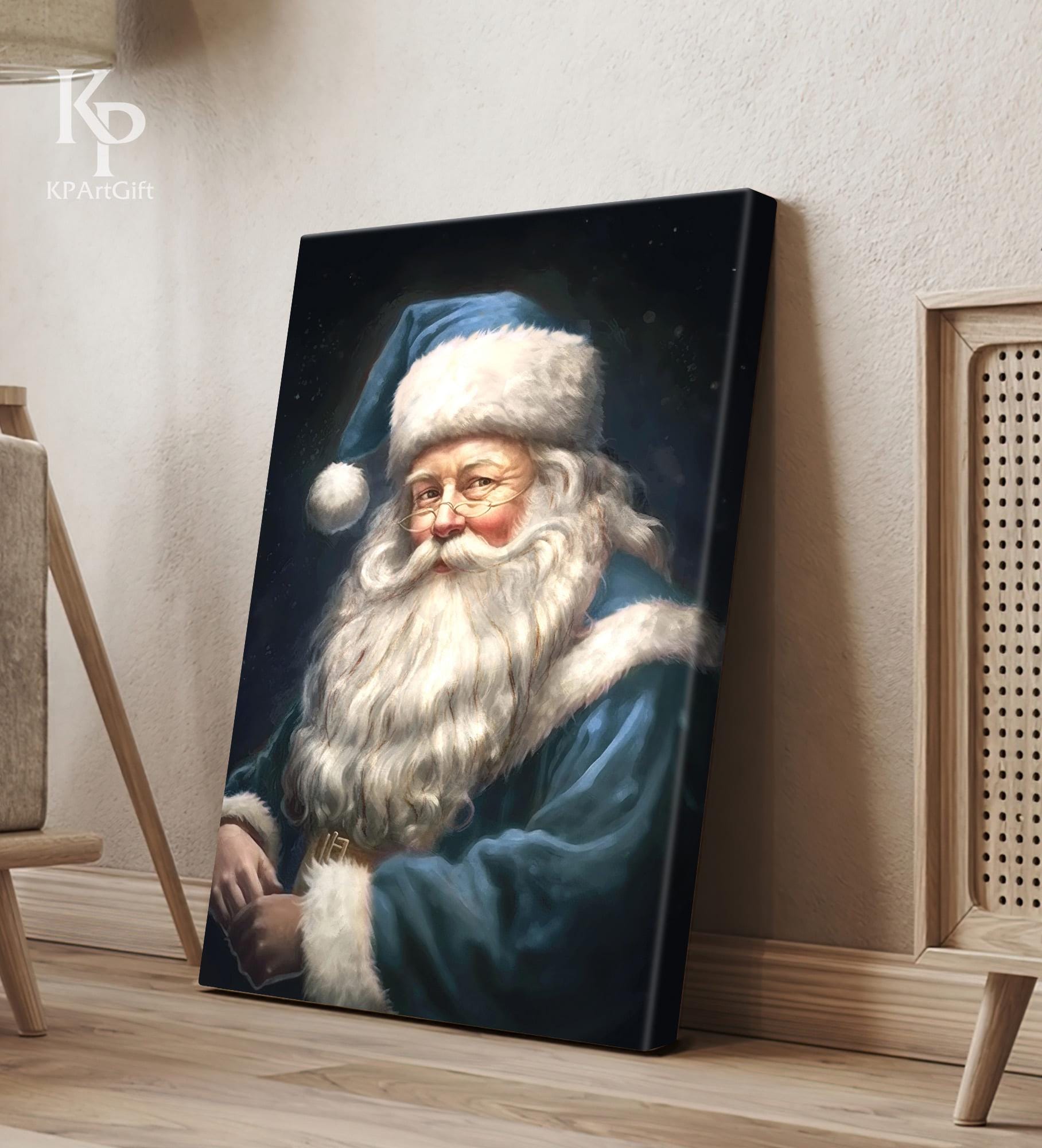 Blue Santa Claus Vintage Oil Painting Canvas, Unique Christmas Art ...