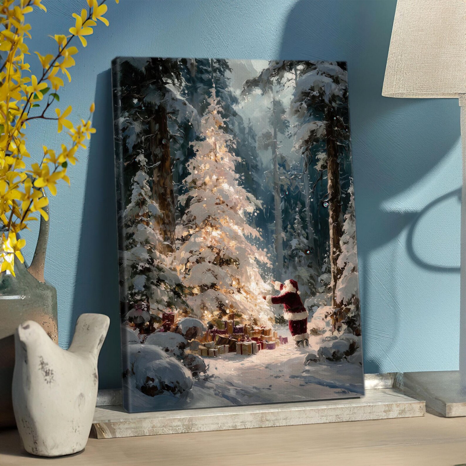 Christmas Santa Decorating Tree in Snowy Forest Canvas, Vintage ...