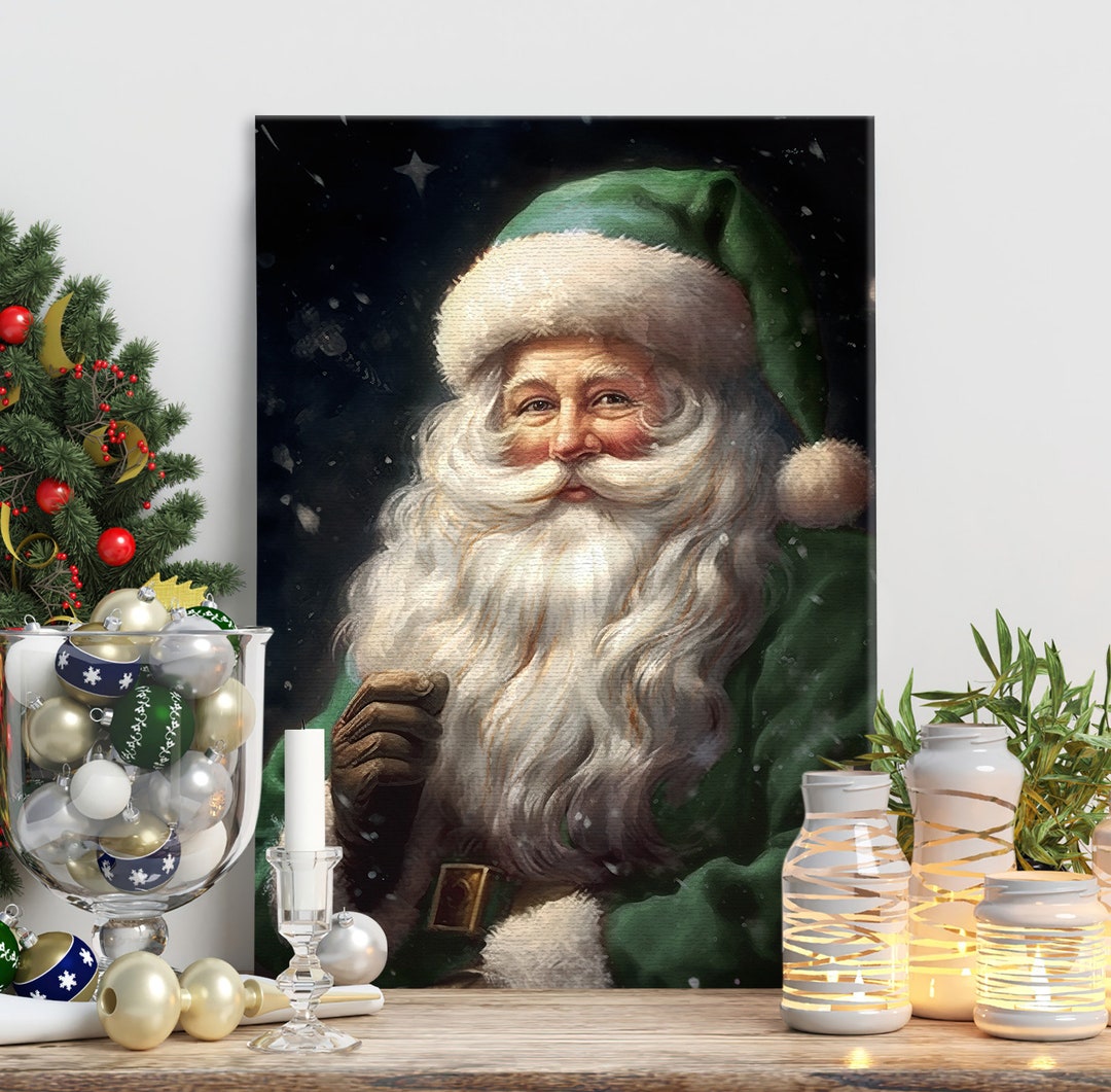 Green Santa CANVAS, Santa Art Painting, Santa Portrait Art, Christmas Art Decor, Santa Claus Art ...