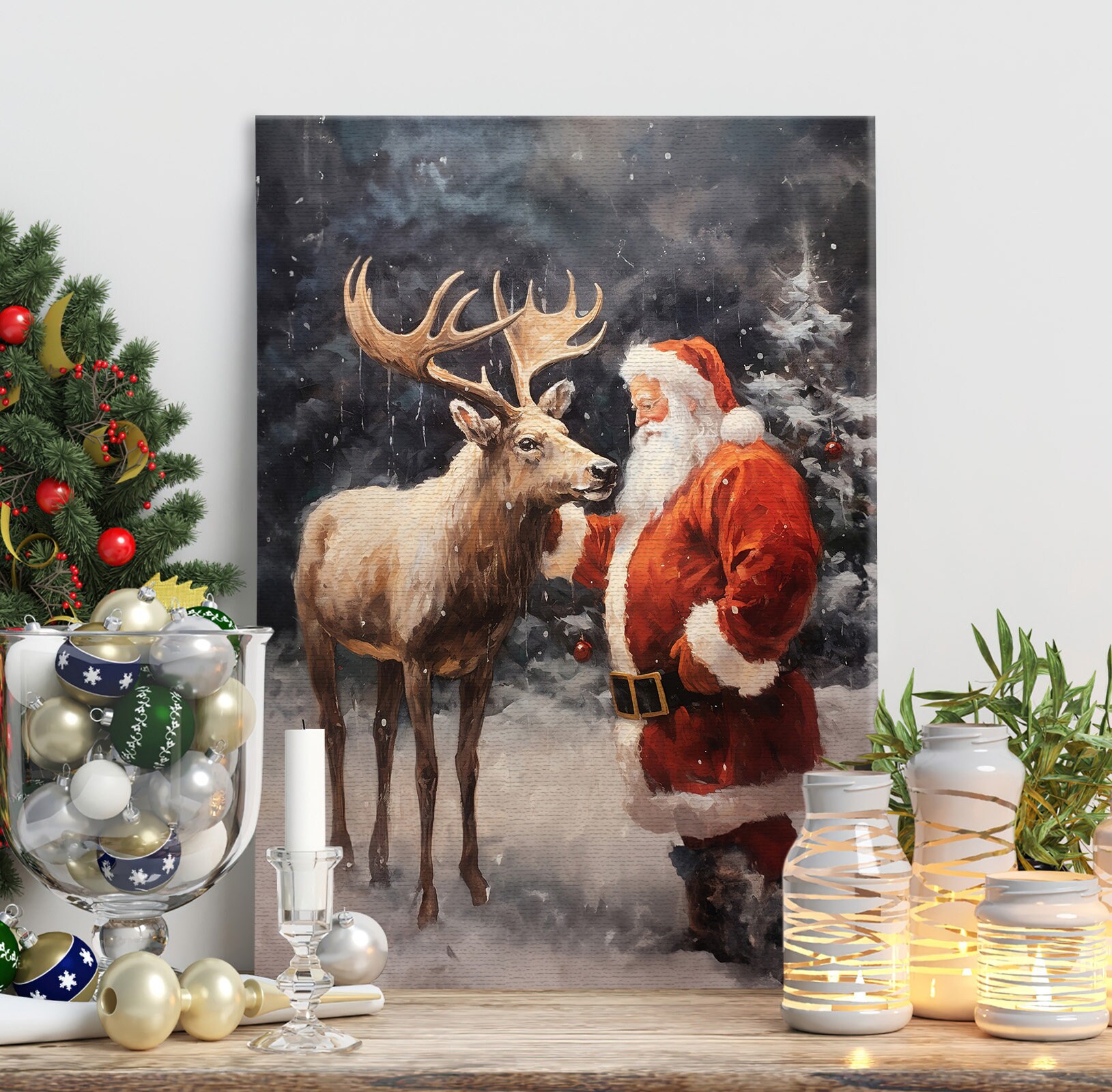 Vintage Santa's Reindeer Companionship Canvas Oil Painting Art Canvas ...
