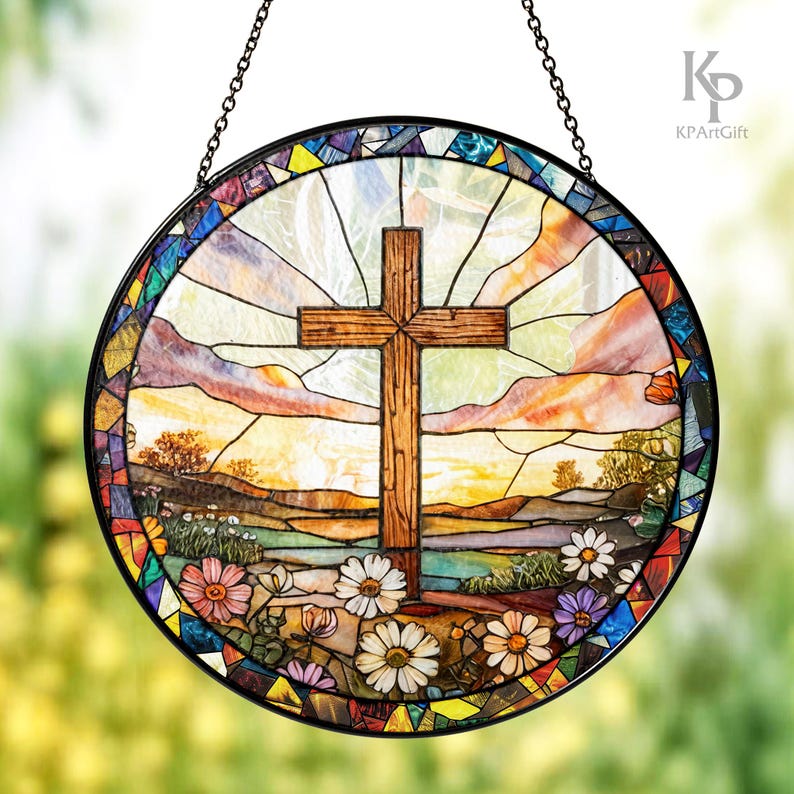 Sunrise Cross Stained Glass Sun Catcher With Wildflowers, Inspirational ...