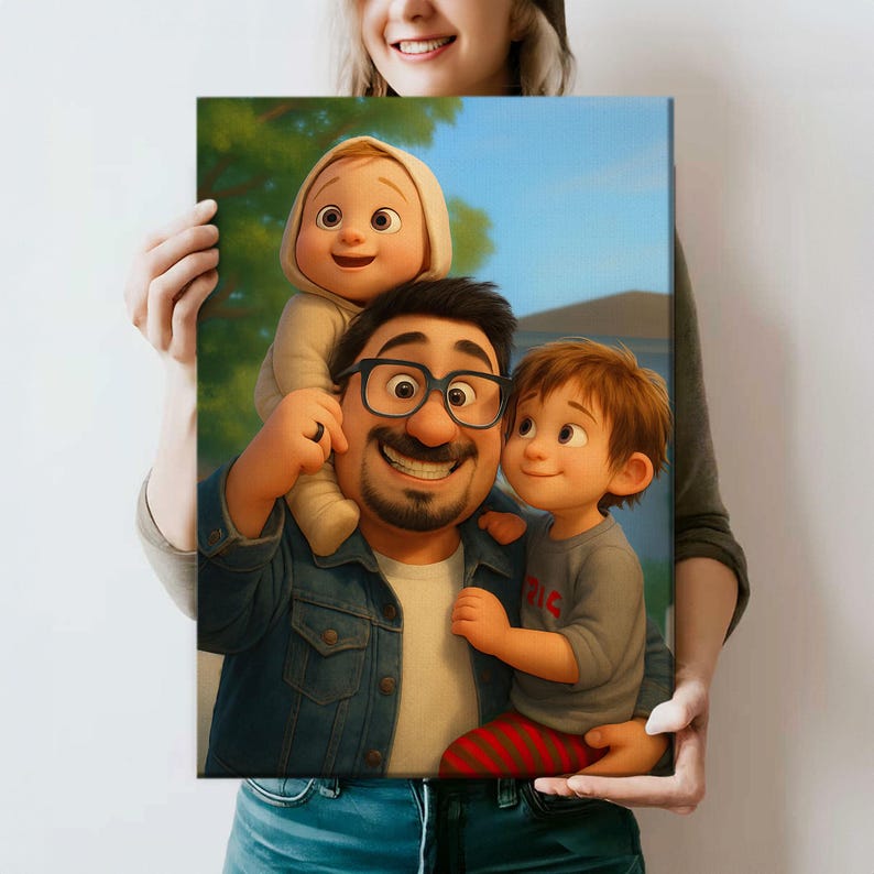 Custom Pixar-style Cartoon Portrait, Dad & Kids Pixar Canvas ...