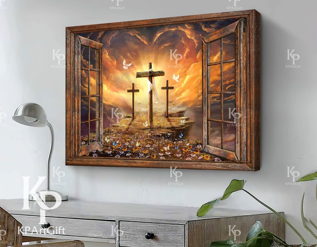 Three Crosses Window Frame Art Canvas - Jesus Art Canvas, Christian ...