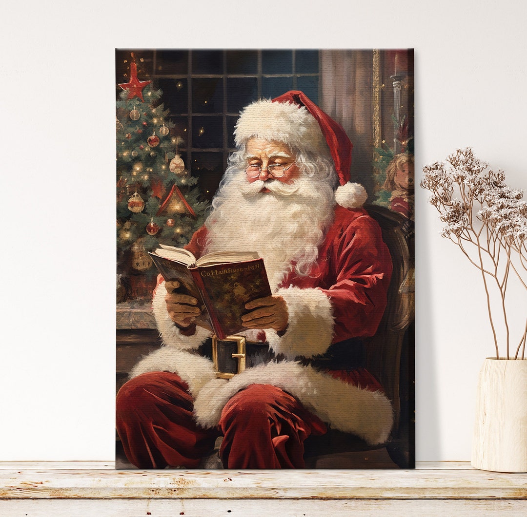 Vintage Christmas Wall Art Santa Reading Book CANVAS, Oil Painting ...