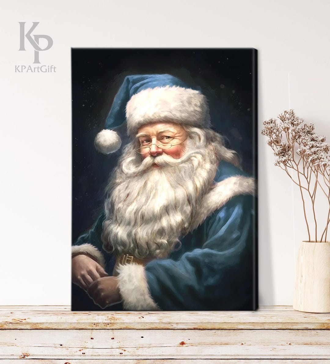 Blue Santa Claus Vintage Oil Painting Canvas, Unique Christmas Art ...