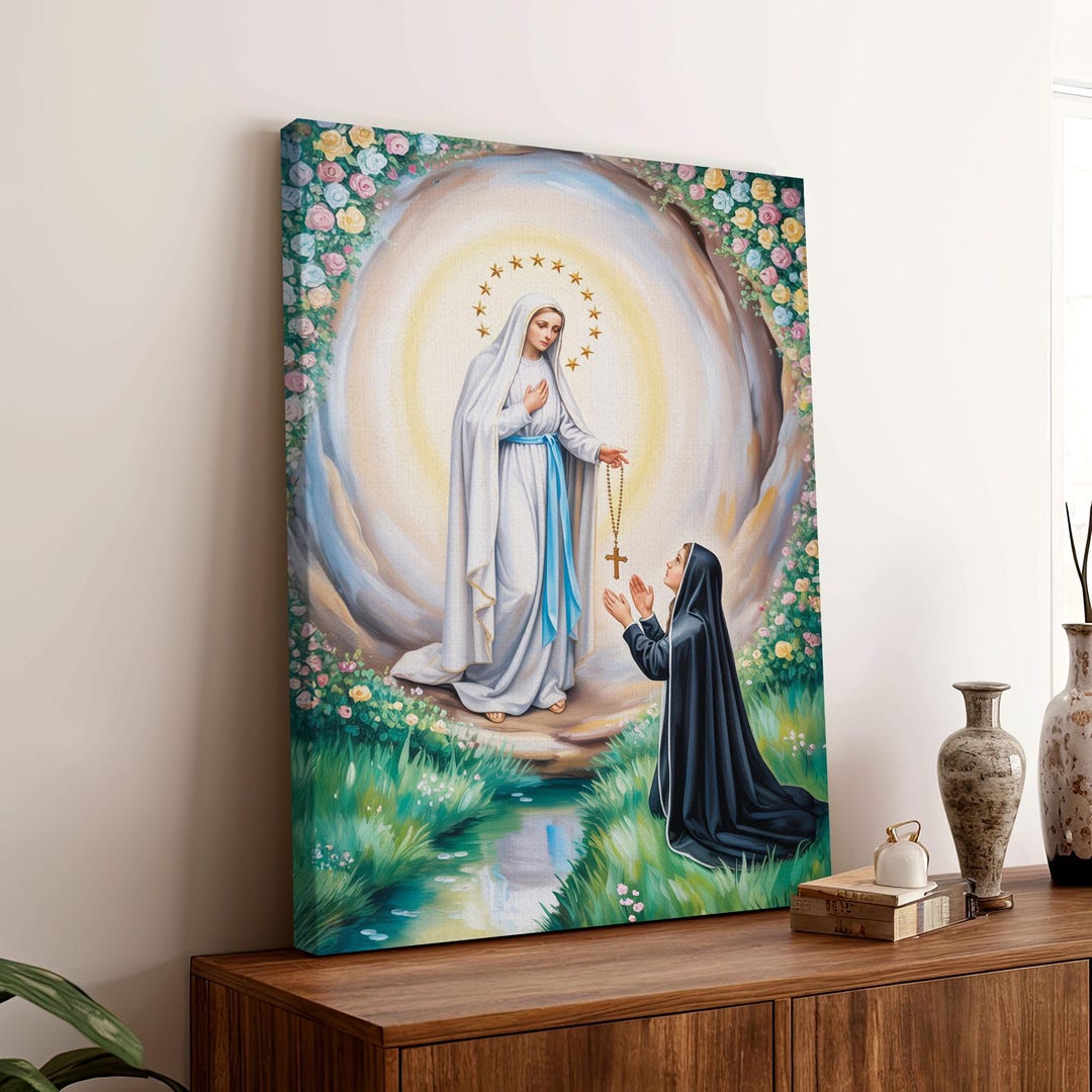 Apparition of Virgin Mary Canvas, Our Lady Giving Rosary to Nun Poster ...