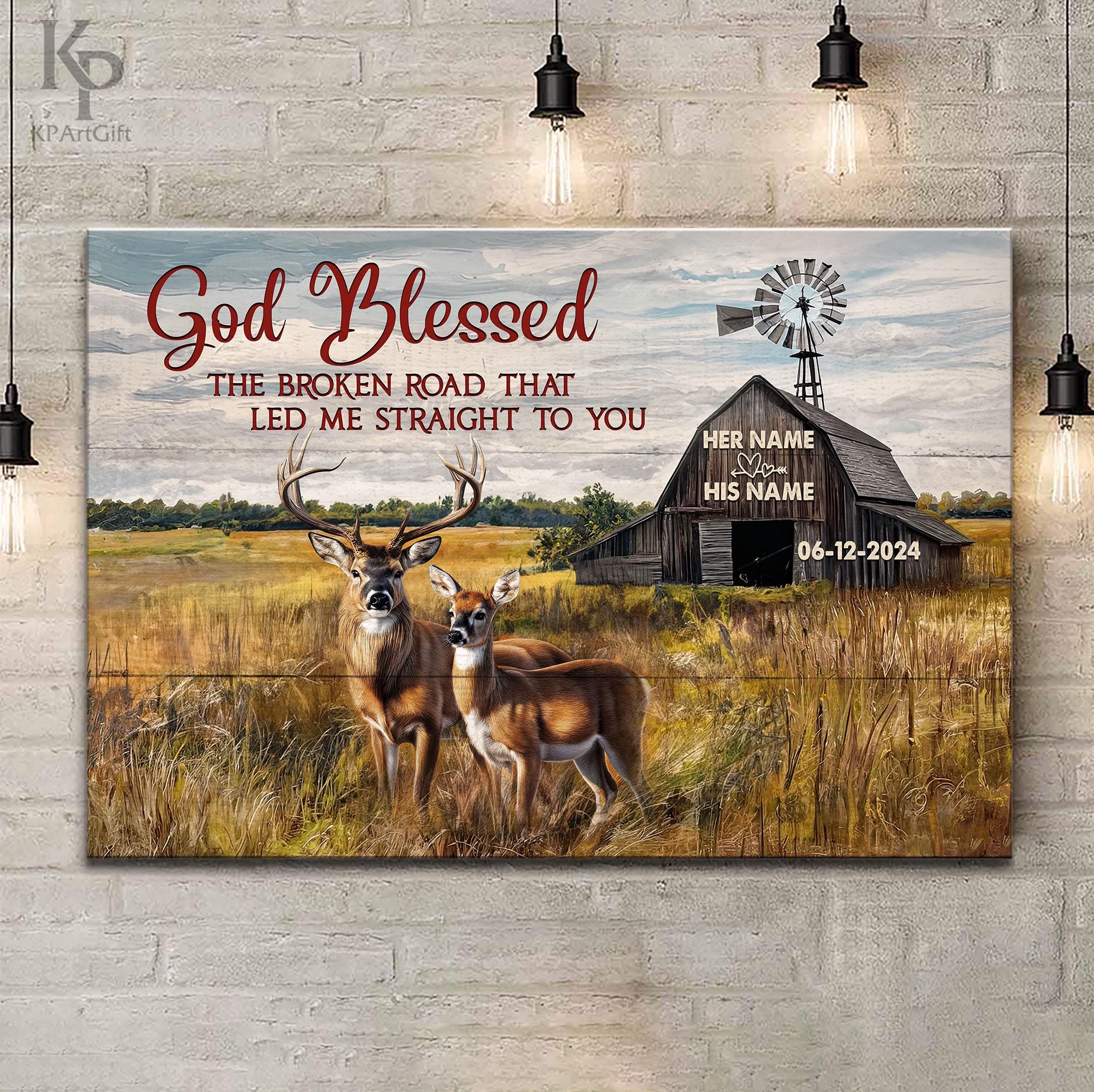 God Blessed the Broken Road Canvas, Farmhouse Couple Name Sign, Wedding ...