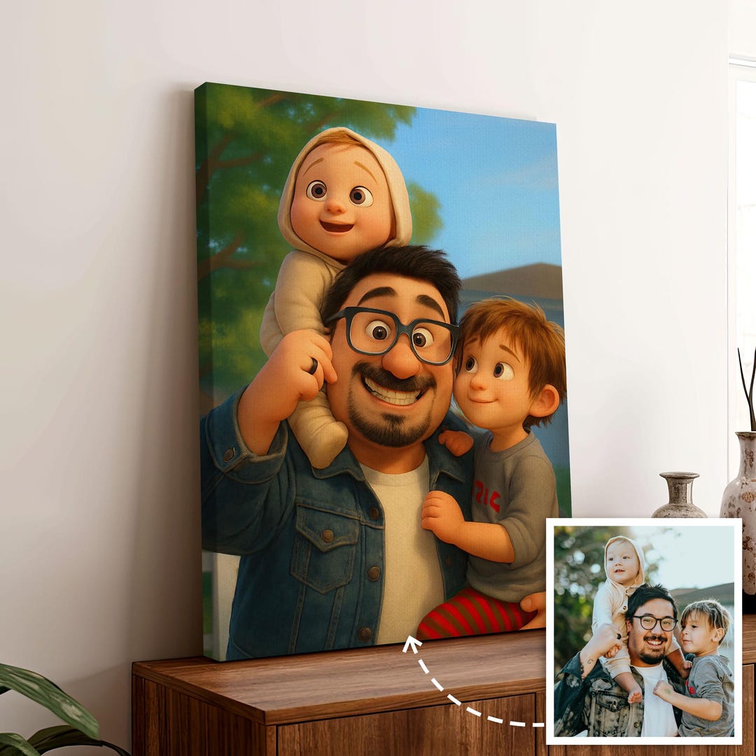 Custom Pixar-style Cartoon Portrait, Dad & Kids Pixar Canvas ...