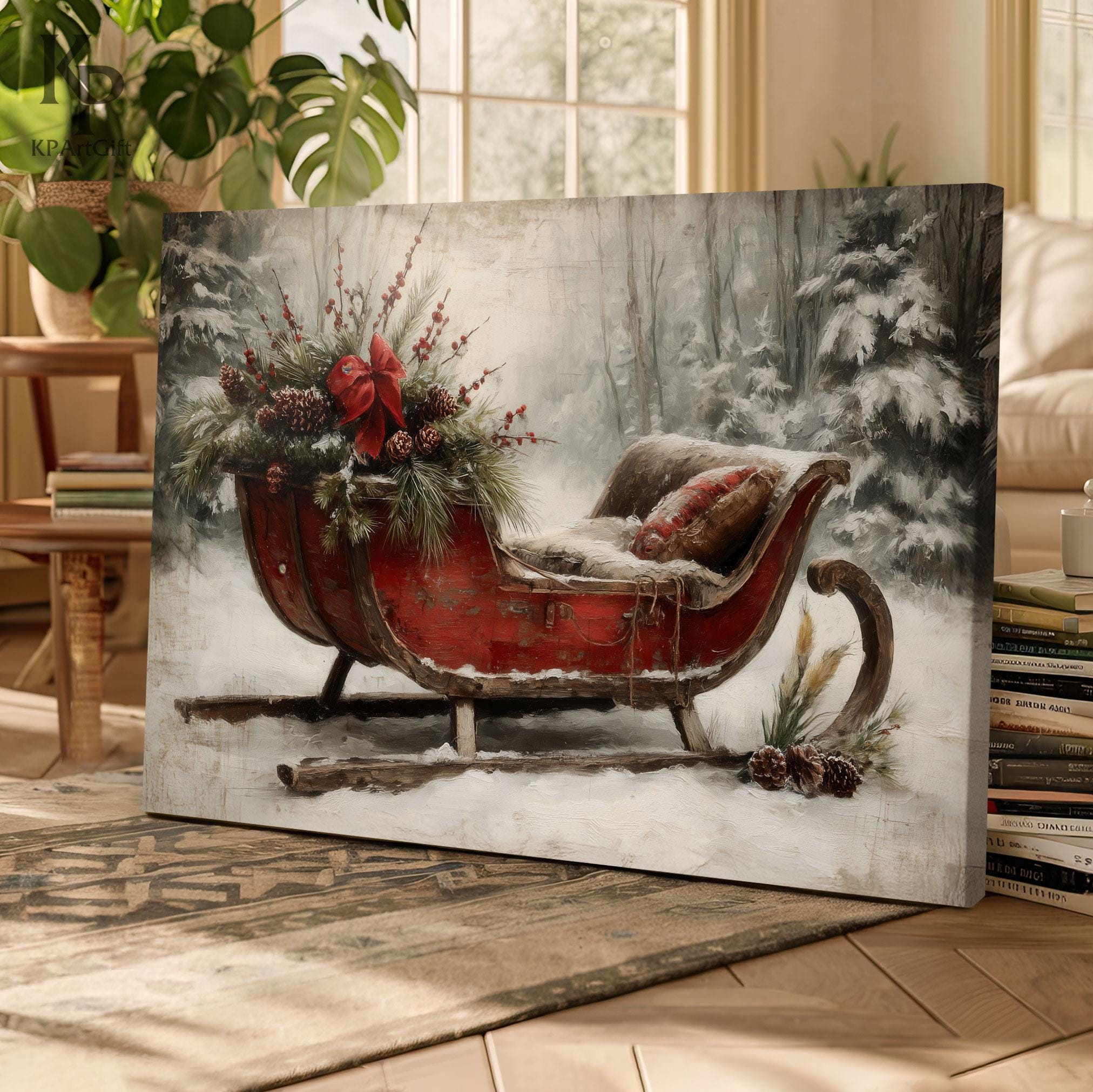 Rustic Red Sleigh in Snow Canvas Wall Art, Vintage Winter Scene ...