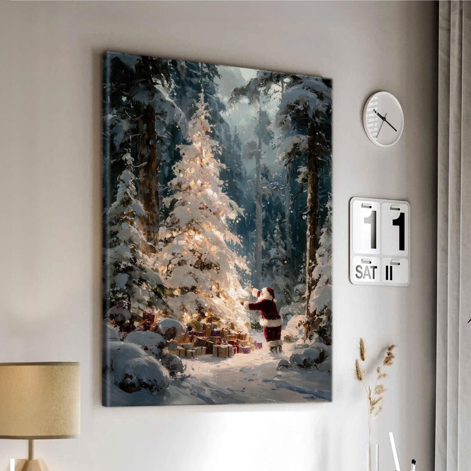 Christmas Santa Decorating Tree in Snowy Forest Canvas, Vintage ...