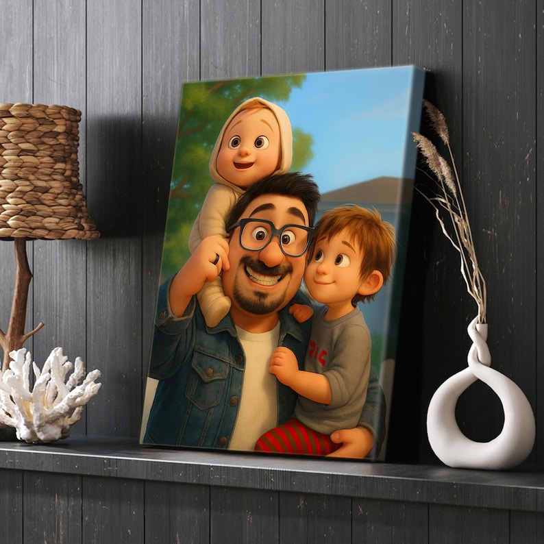 Custom Pixar Style Cartoon Portrait Dad Kids Pixar Canvas