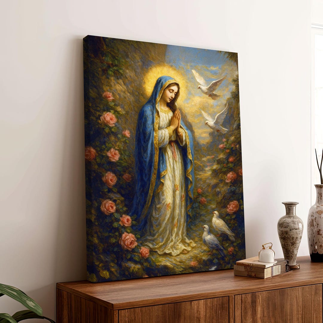 Virgin Mary With Doves Canvas, Blessed Mother in Rose Garden Poster ...