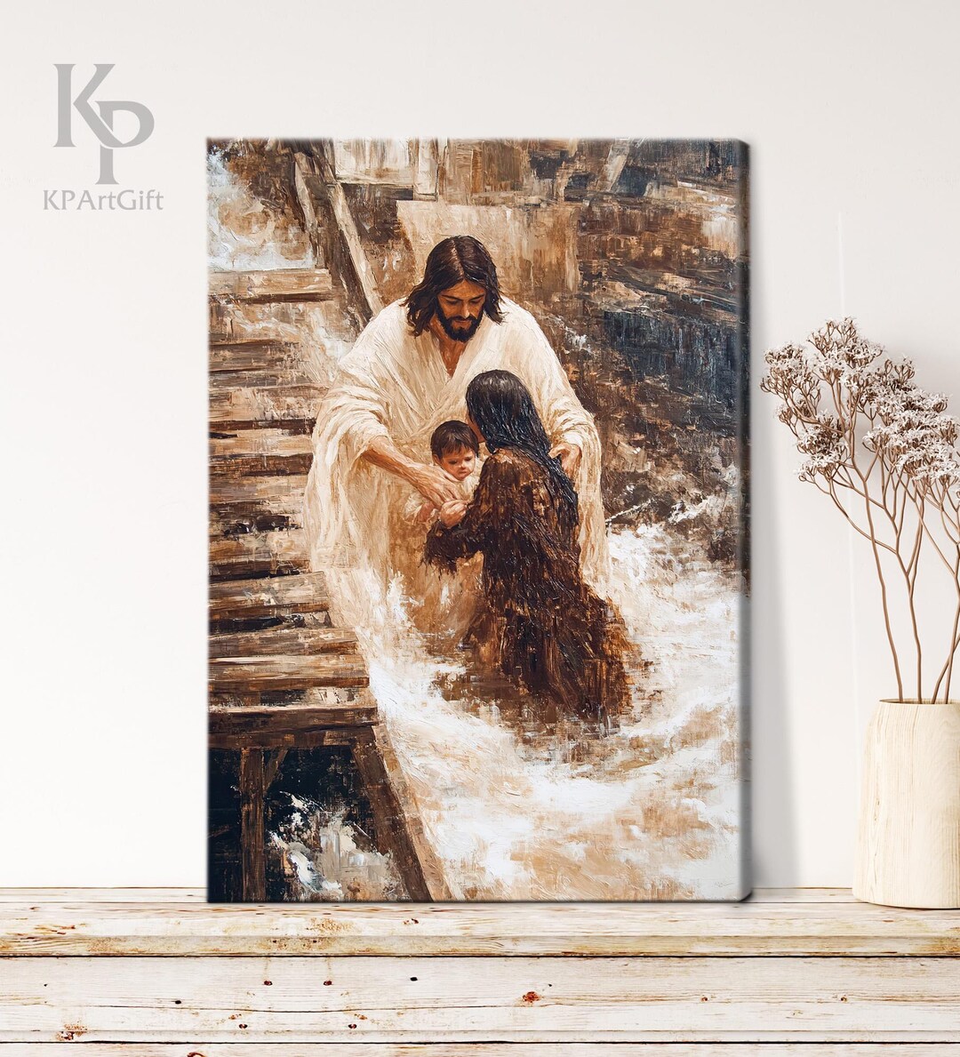 Jesus Saving Mother and Child Canvas, Christian Rescue Art, Faith ...